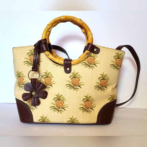 Fossil | Bags | Relic Fabric Satchel Handbag Purse Ivory Pineapples ...